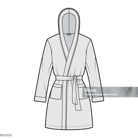 후드 바스로브 드레싱 가운 테크니컬 패션 일러스트와 랩 오프닝 미니 길이 오버사이즈 넥타이 긴 소매 실내복에 대한 스톡 벡터