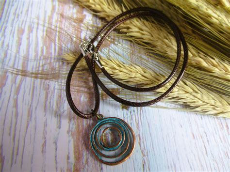 Copper Patina Circle Pendant Boho Vegan Cord Necklace Etsy