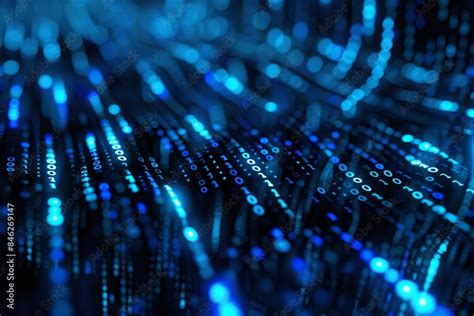 Digital Data Stream Of Blue Numbers And Code Flowing In The Dark Space Abstract Background For