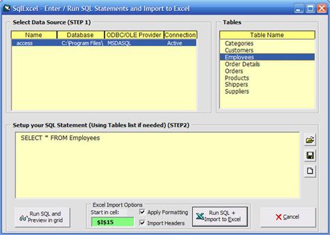 Sql Excel Main Window Sql Excel Freeware Excel Add In Simplify Data Retrieval From Sql