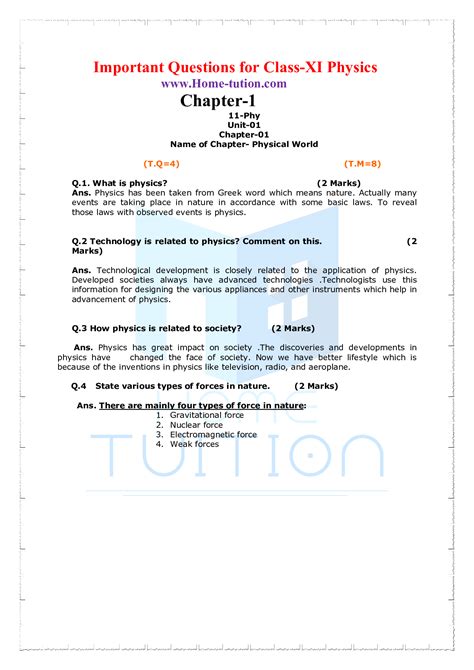 Important Questions For Class 11 Physics Chapter 1 Physical World