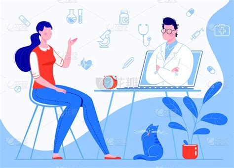 健康保健 绘画插图 卡通 笔记本电脑 概念 病人 医生 女人 椅子 平坦的素材 花瓣网