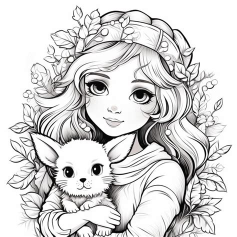 A Drawing Of A Girl Holding A Cat In Her Arms Generative Ai Premium