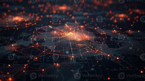 Abstract Digital Network Visualization Showing Interconnected Nodes And Data Flow Across A Dark