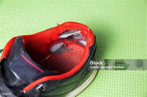 Old Worn Out Ripped Sneakers Torn Back In Shoes Closeup Shoe Repair