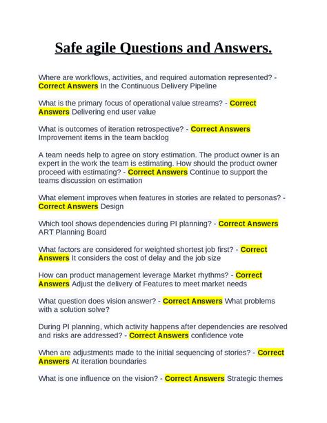 Safe Agile Questions And Answers Exams Workplace Safety Docsity