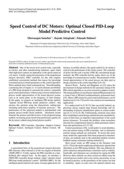 PDF Speed Control Of DC Motors Optimal Closed PID Loop Model Predictive Control