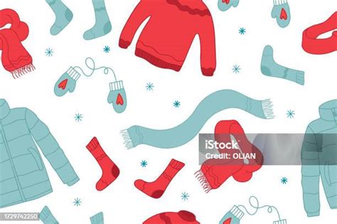 따뜻한 요소가 있는 매끄러운 패턴 스카프 모자 벙어리 장갑 손으로 그린 낙서 벡터 그림 개인 장식품에 대한 스톡 벡터 아트 및 기타 이미지 Istock