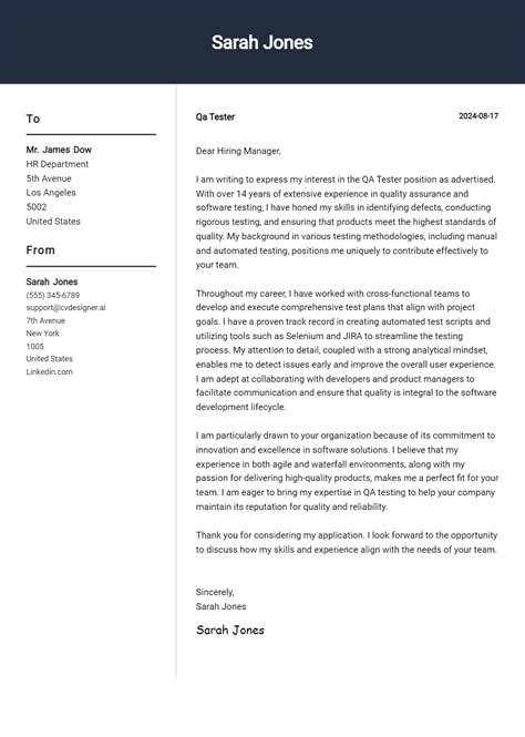 QA Tester Cover Letter Examples Samples For 2024 CVDesigner Ai