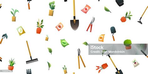 농업 농촌 정원 도구 원활한 패턴 흰색 배경에 고립되어 있습니다 삽 갈퀴와 괭이 야채 씨앗의 패킷 실내 식물이있는 꽃 냄비 벡터 0명에 대한 스톡 벡터 아트 및 기타 이미지