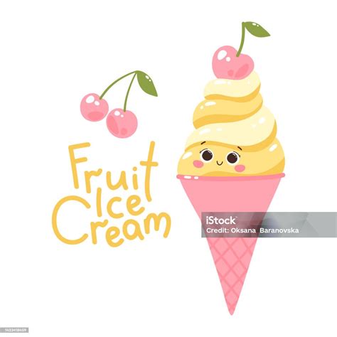콘에 체리가있는 귀여운 벡터 캐릭터 팝시클 차가운 디저트 여름 단맛 레터링 과일 아이스크림 흰색 배경에 고립 감정에 대한 스톡 벡터 아트 및 기타 이미지 Istock