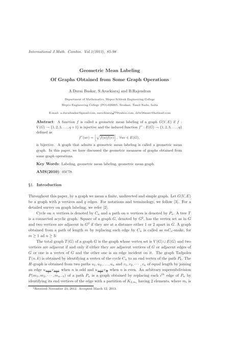 pdf geometric mean labeling of graphs obtained from some graph operations