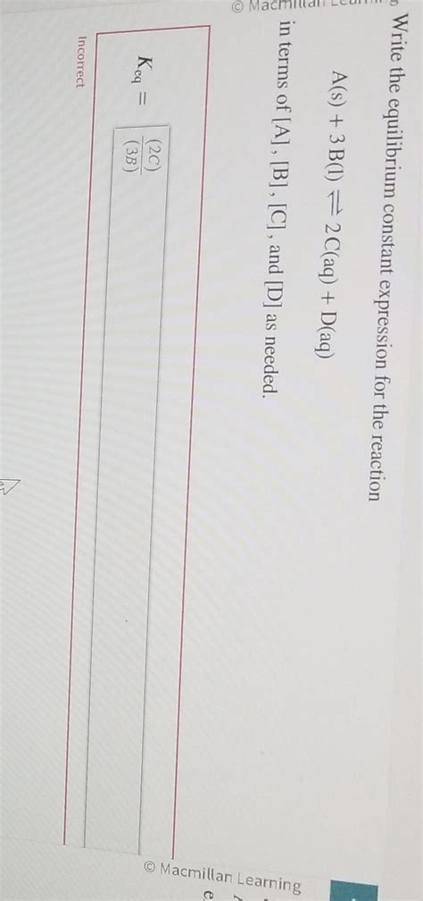 Solved Write The Equilibrium Constant Expression For The