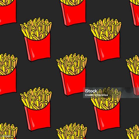 손으로 그려 감자 튀김 낙서와 원활한 패턴 블랙 바탕에 감자 튀김 패턴에 대한 스톡 벡터 아트 및 기타 이미지 패턴 프렌치