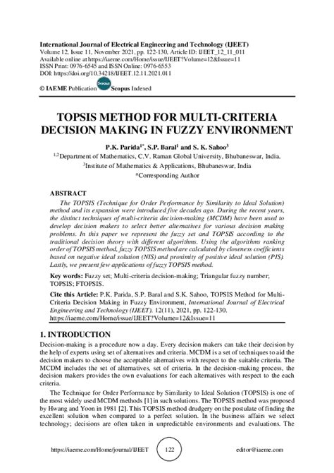 Pdf Topsis Method For Multi Criteria Decision Making In Fuzzy Environment