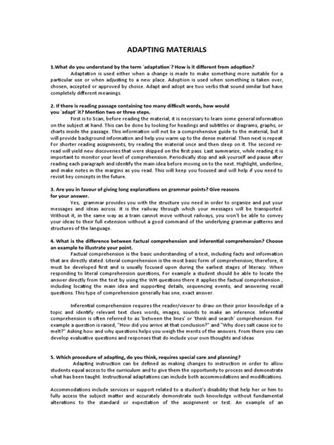adapting materials pdf reading comprehension question