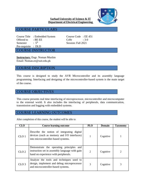 Embedded System Course Outline Pdf Microcontroller Embedded System