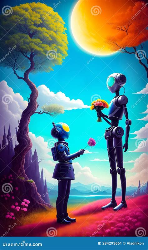 Funny Kind Robot Gives Flowers To Girl Stock Illustration Illustration Of Woman Emotions