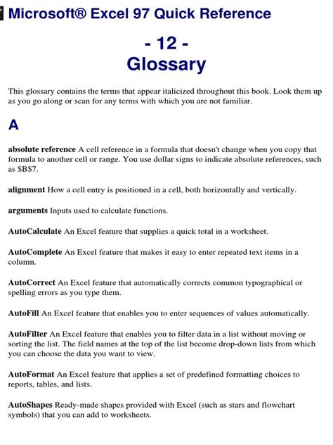 Excel 97 Glossary Pdf Microsoft Excel Worksheet