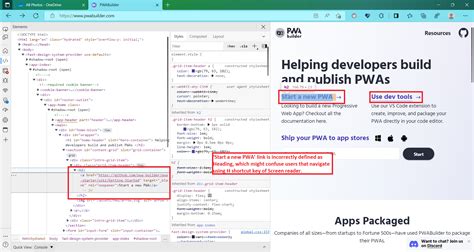 PWA Builder Helping Developers Section Start A New PWA Link Is Incorrectly Defined As