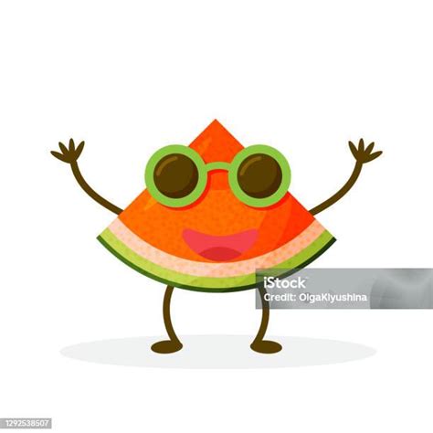 흰색 배경에 고립 된 수박 만화 캐릭터 플랫 디자인의 건강한 음식 재미있는 마스코트 벡터 일러스트 벡터 일러스트레이션 가공의 인물에 대한 스톡 벡터 아트 및 기타 이미지