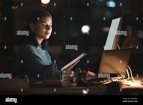 Computer Tech Night And Woman With Tablet Working On Database