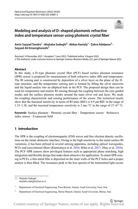 Modeling And Analysis Of Dshaped Plasmonic Refractive Index And