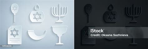 전통적인 숫양 뿔 쇼파르 하누카 메노라 토라 두루마리 유대인 잔 불타는 촛불 풍선을 별 데이비드 아이콘으로 설정합니다 벡터 3차원 형태에 대한 스톡 벡터 아트 및 기타