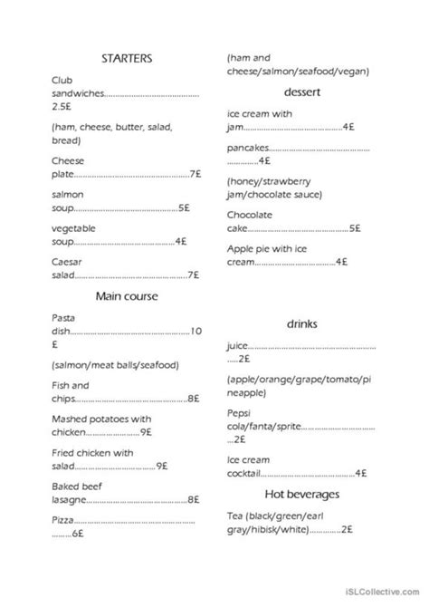 Menu English ESL Worksheets Pdf Doc