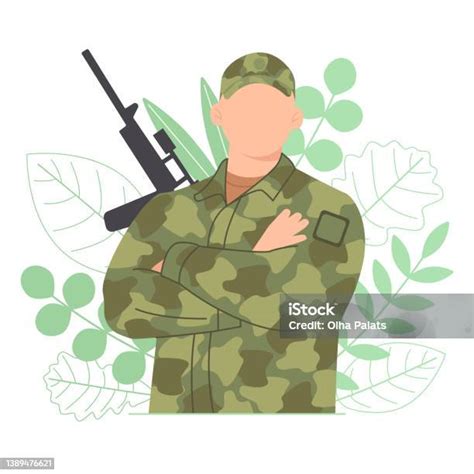 Pria Berpakaian Militer Dengan Latar Belakang Daun Hijau Dengan Senjata Pria Muda Berjas Tentara