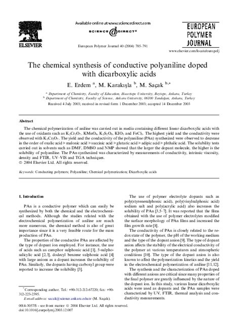 Pdf The Chemical Synthesis Of Conductive Polyaniline Doped With Dicarboxylic Acids