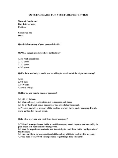 Questionnaire For Stuctured Interview Pdf Self Improvement