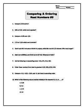 Comparing Ordering Real Numbers Worksheet By Simple Math Worksheets