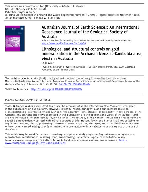 Pdf Lithological And Structural Controls On Gold Mineralization In The Archaean Menzies