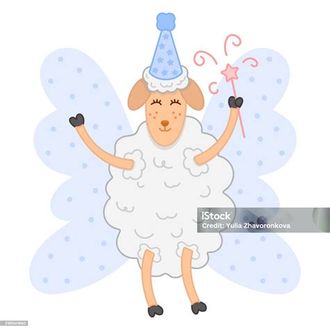 요정 모자를 쓰고 마술 지팡이와 날개를 가진 양 귀여운 양 밤 요정 벡터 일러스트 레이 션 0명에 대한 스톡 벡터 아트 및 기타 이미지 Istock