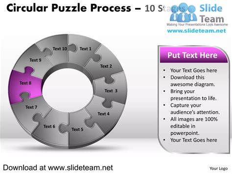 Pieces Pie Chart Circular Puzzle With Hole In Center Process Powerpoint Presentation Slides