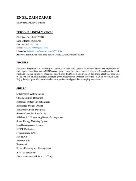 Cv Engr Zain Pdf Electrical Grid Electricity