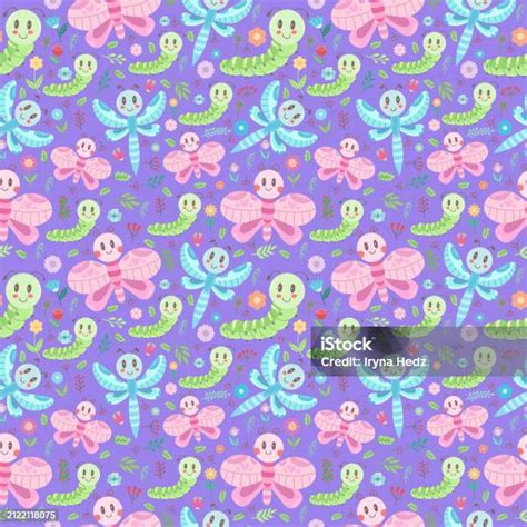 보라색 배경에 나비 애벌레 잠자리 등 다양한 귀여운 곤충이 있는 매끄러운 밝은 패턴 벡터 플랫 개미에 대한 스톡 벡터 아트 및 기타 이미지 Istock