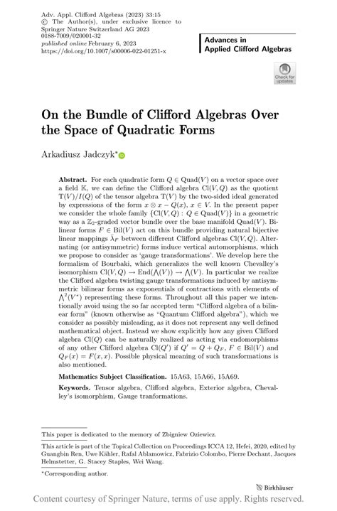 On The Bundle Of Clifford Algebras Over The Space Of Quadratic Forms Request Pdf