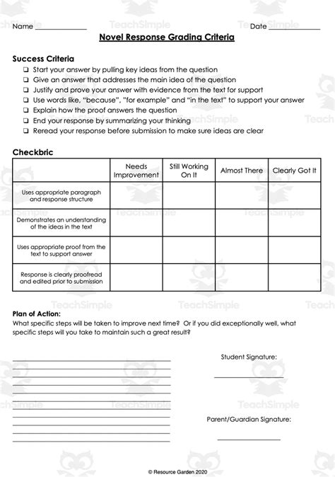 Grading Rubric For Novel Response By Teach Simple