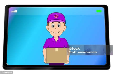 소포를 배달 하는 친절 한 택배와 태블릿 컴퓨터 3d 일러스트 Po에 대한 스톡 사진 및 기타 이미지 Po 교통수단 독일 Istock