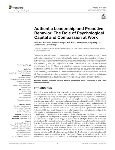 Pdf Authentic Leadership And Proactive Behavior The Role Of Psychological Capital And