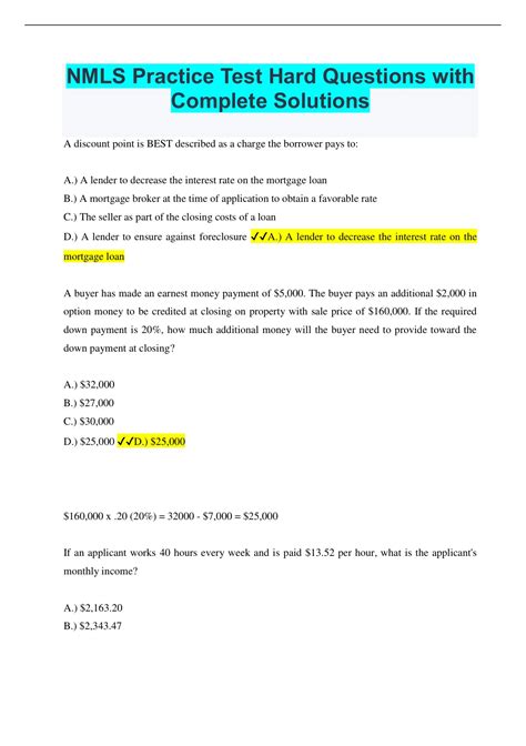 NMLS Practice Test Hard Questions With Complete Solutions Rated A Document Content And