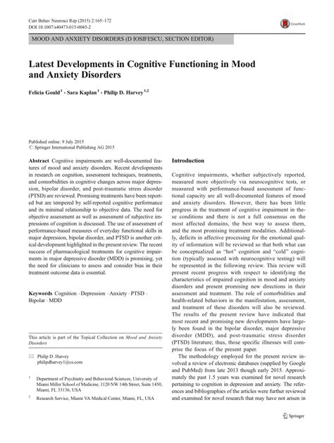 Pdf Latest Developments In Cognitive Functioning In Mood And Anxiety