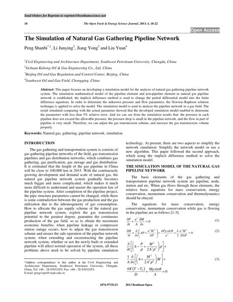 Pdf The Simulation Of Natural Gas Gathering Pipeline Network
