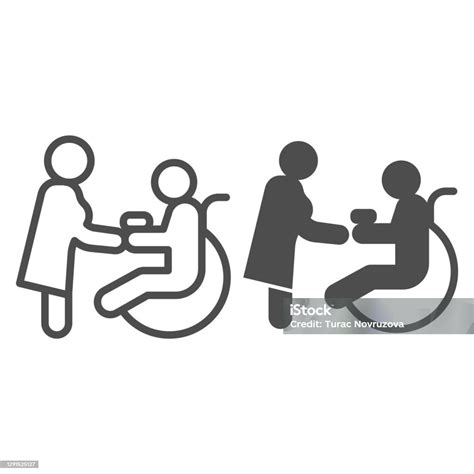 장애인 라인과 단단한 아이콘 장애 개념 간호사 및 휠체어 사용자 사인을 흰색 배경에 돌보고 윤곽 스타일로 장애인 아이콘을 돌봅니다 벡터 그래픽 간호사에 대한 스톡 벡터 아트