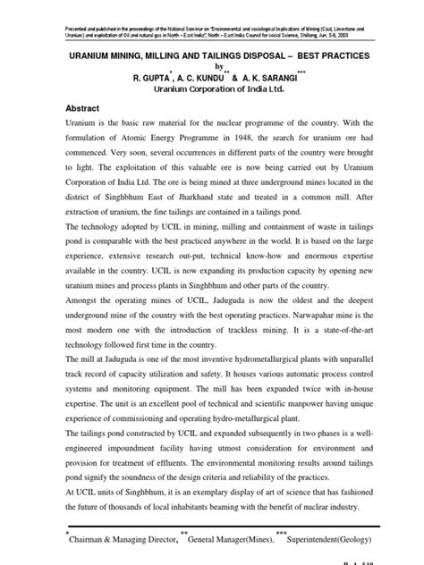 Best Practices In Uranium Mining Milling And Tailings Disposal Operations Of Uranium