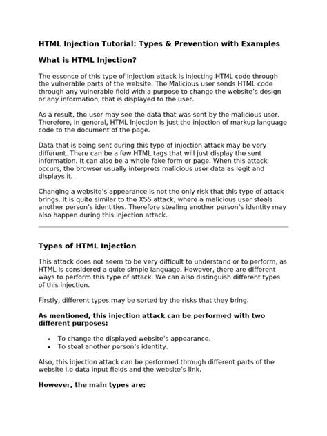 Html Injection Tutorial Types Prevention With Examples Pdf Html