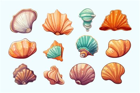 조개 벡터 설정 그래픽 클립 아트 디자인 평면 벡터 일러스트 레이 션 흰색 배경에 고립 프리미엄 벡터