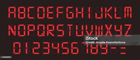 알람 시계 문자 전자 알파벳 레트로 계산기 기호 Lcd 모니터 문자 및 스코어 보드 숫자가있는 빨간색 디지털 디스플레이 글꼴 벡터 Eps 10 컴퓨터 글자에 대한 스톡 벡터
